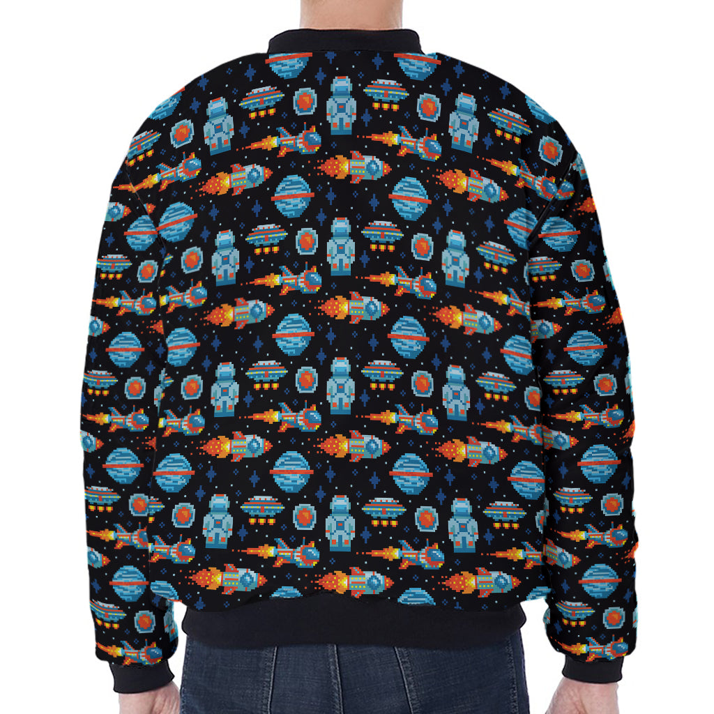 Astronaut And Space Pixel Pattern Print Zip Sleeve Bomber Jacket ...