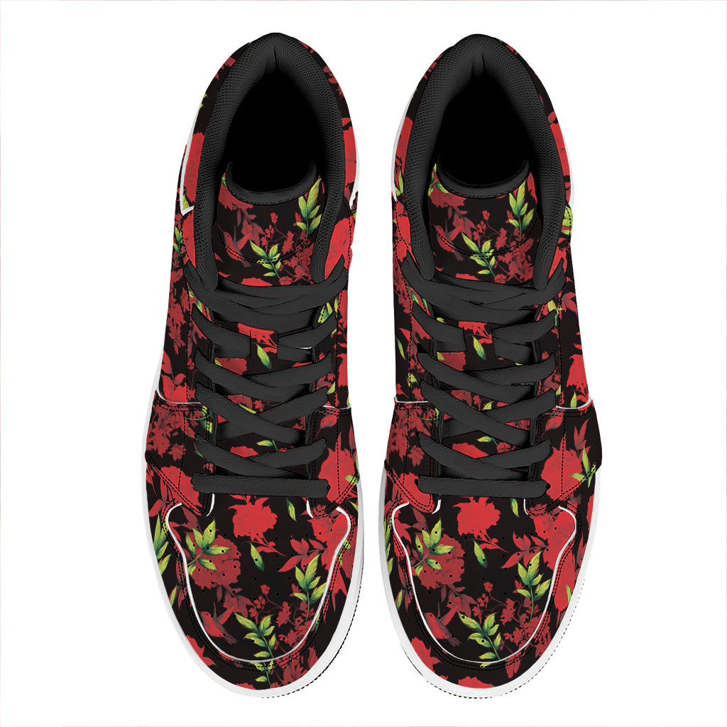 Black And Red Roses Floral Print High Top Leather Sneakers – GearFrost