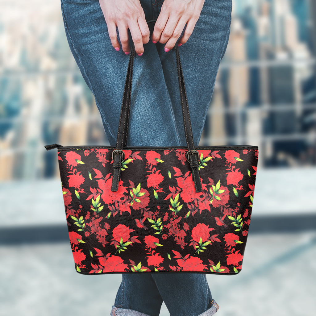 Black And Red Roses Floral Print Leather Tote Bag With Zipper – GearFrost