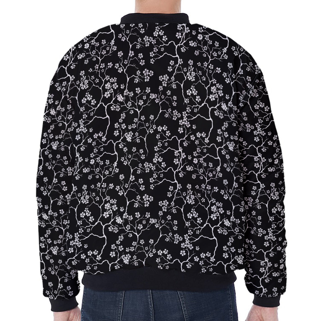 Black And White Cherry Blossom Print Zip Sleeve Bomber Jacket – GearFrost