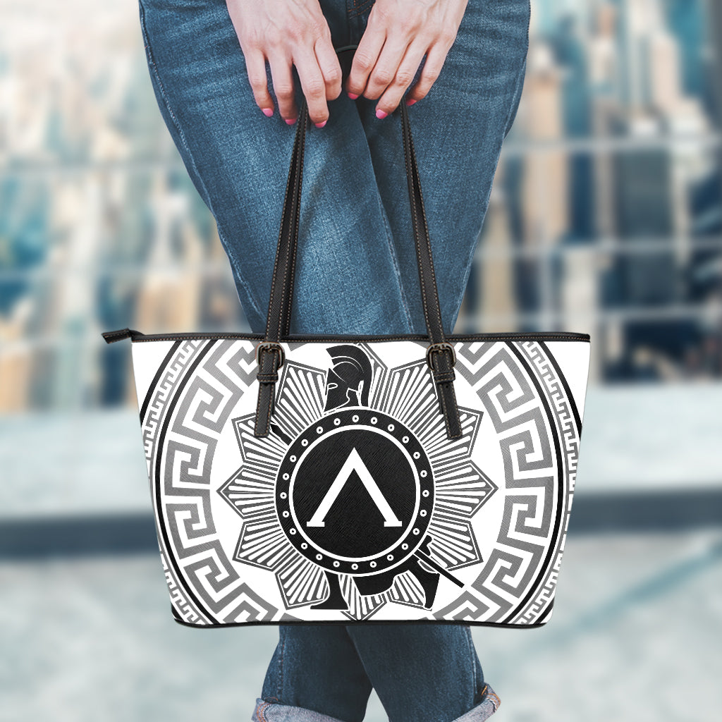 Black And White Spartan Warrior Print Leather Tote Bag With Zipper ...