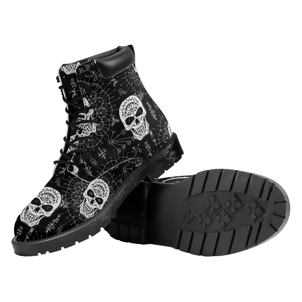 Black And White Wicca Evil Skull Print Padded Collar Lace Up Boots ...