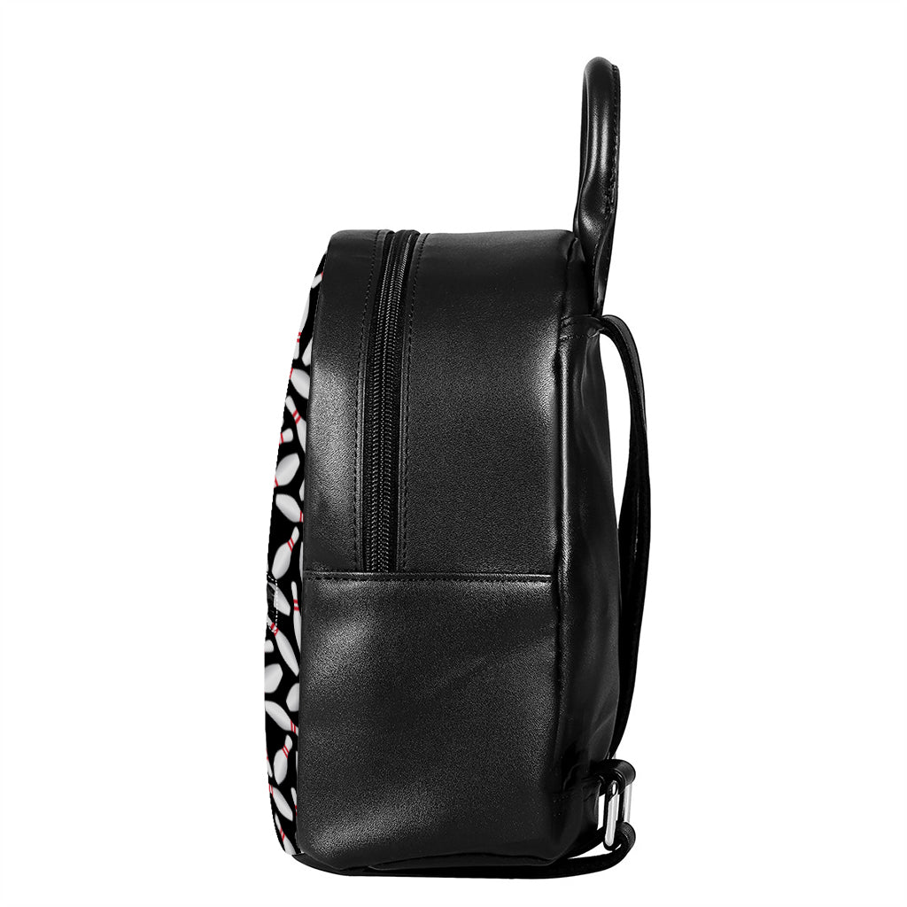 Black Bowling Pins Pattern Print Leather Backpack – GearFrost