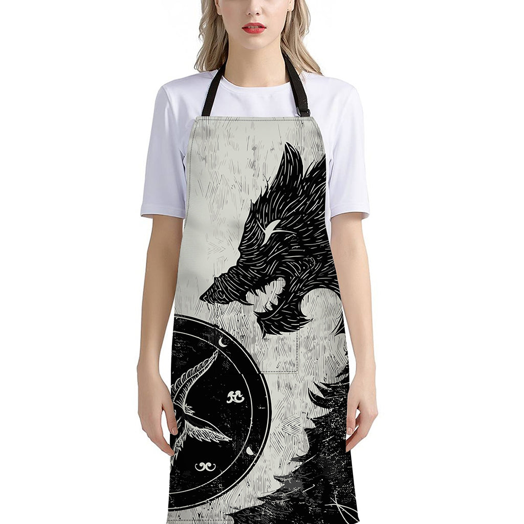 Black Demon Wolf Print Bib Apron With Pocket – GearFrost
