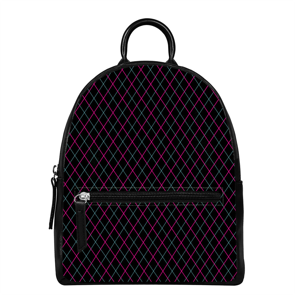 Black Pink And Blue Argyle Pattern Print Leather Backpack – GearFrost