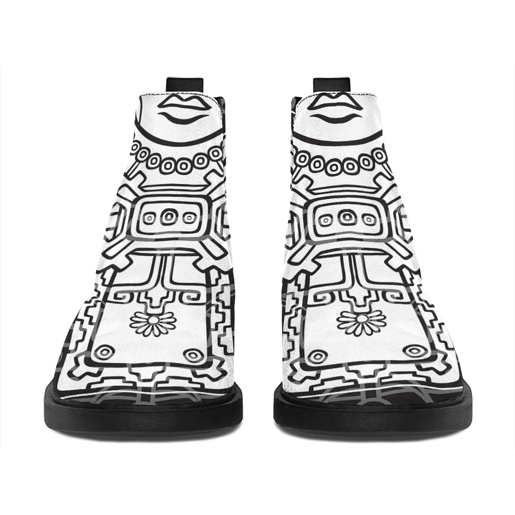 Blue And White Mayan Statue Print Flat Ankle Boots – GearFrost