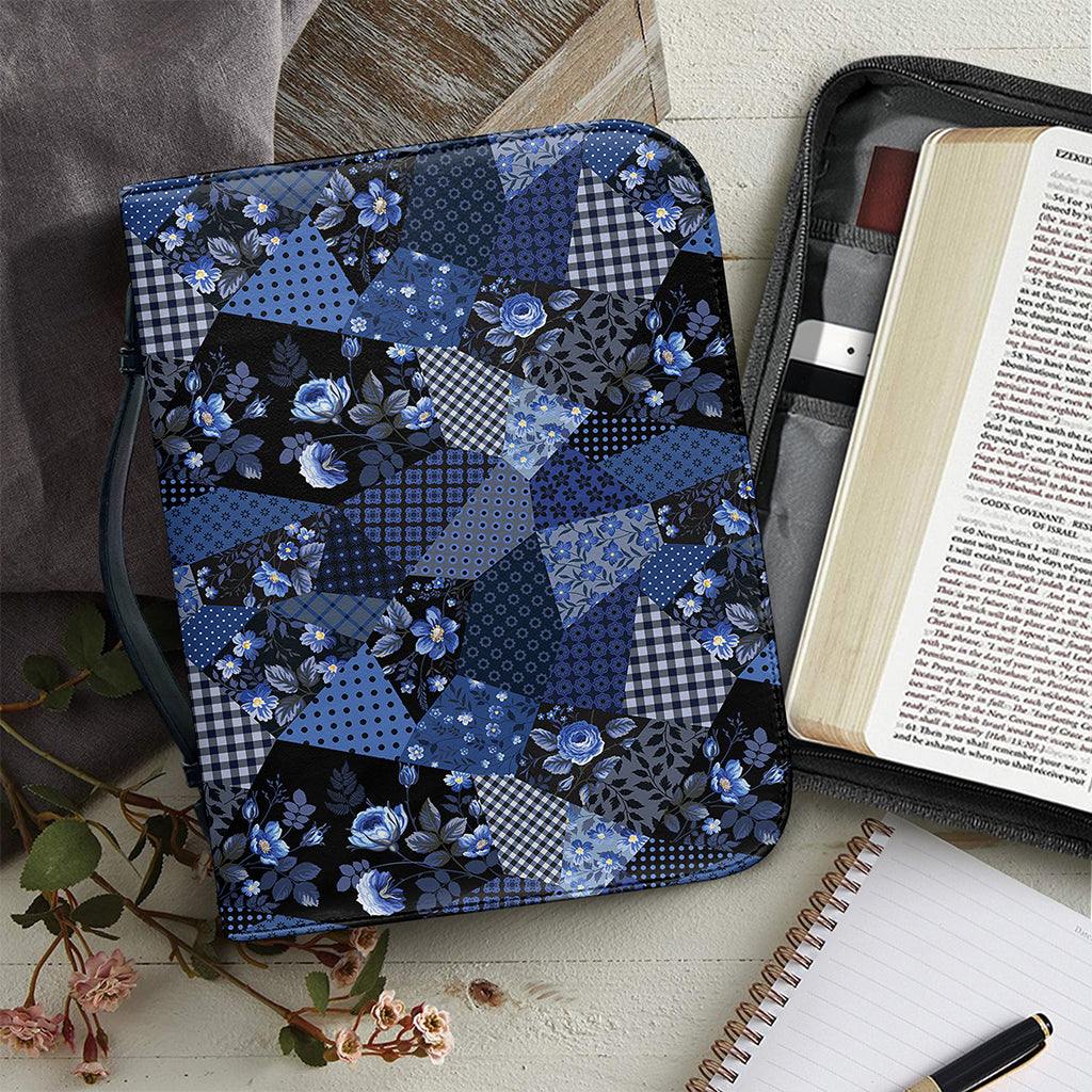 Blue Flower Patchwork Pattern Print Leather Bible Cover – GearFrost