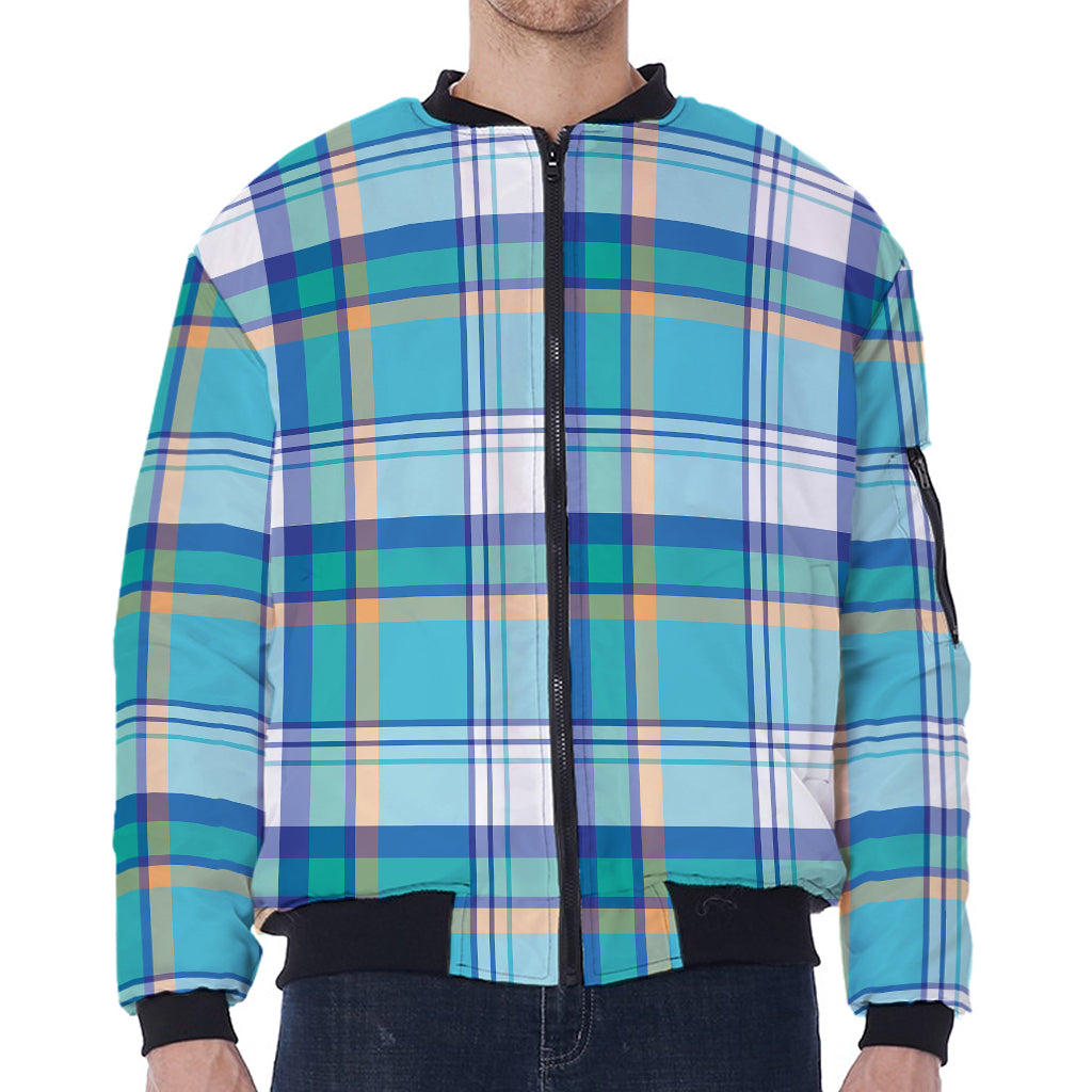 Blue Madras Pattern Print Zip Sleeve Bomber Jacket – GearFrost