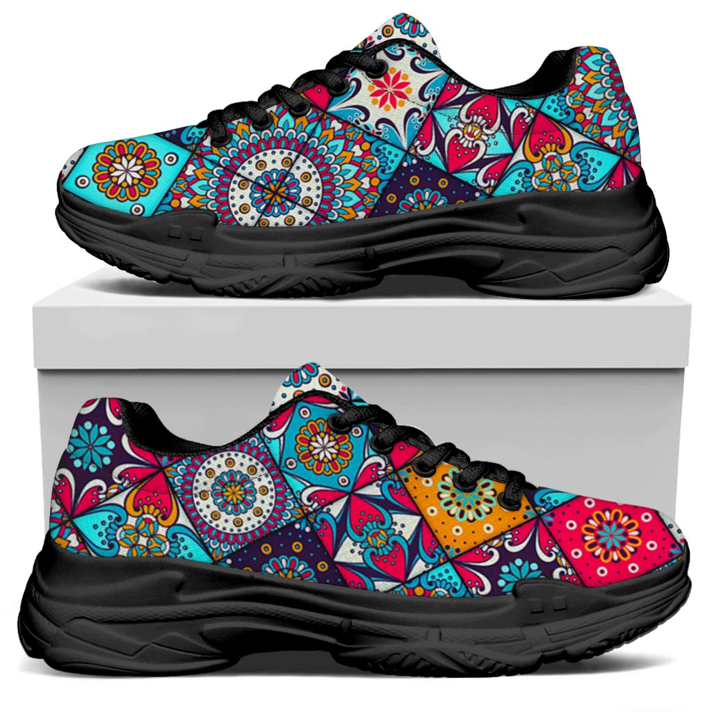 Bohemian Indian Mandala Patchwork Print Black Chunky Shoes – GearFrost