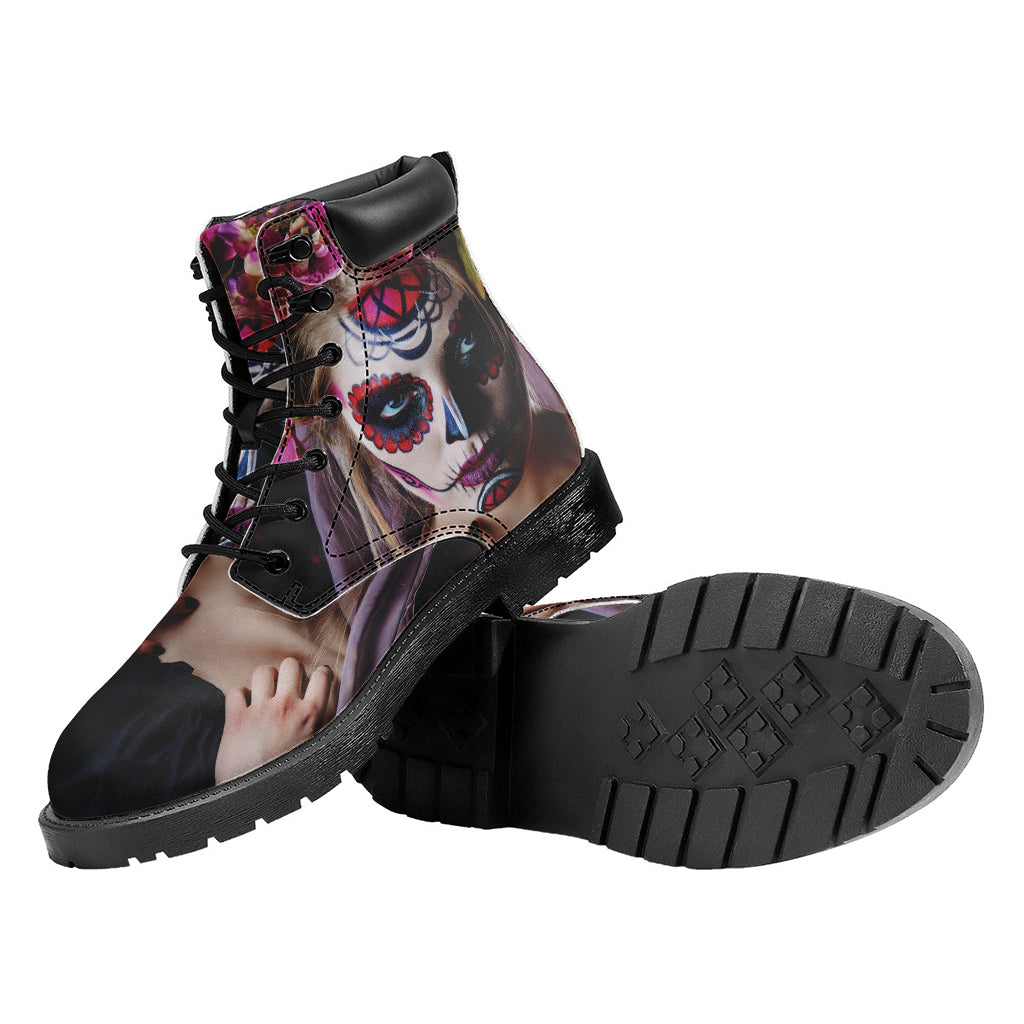 Calavera Girl Day of The Dead Print Padded Collar Lace Up Boots – GearFrost