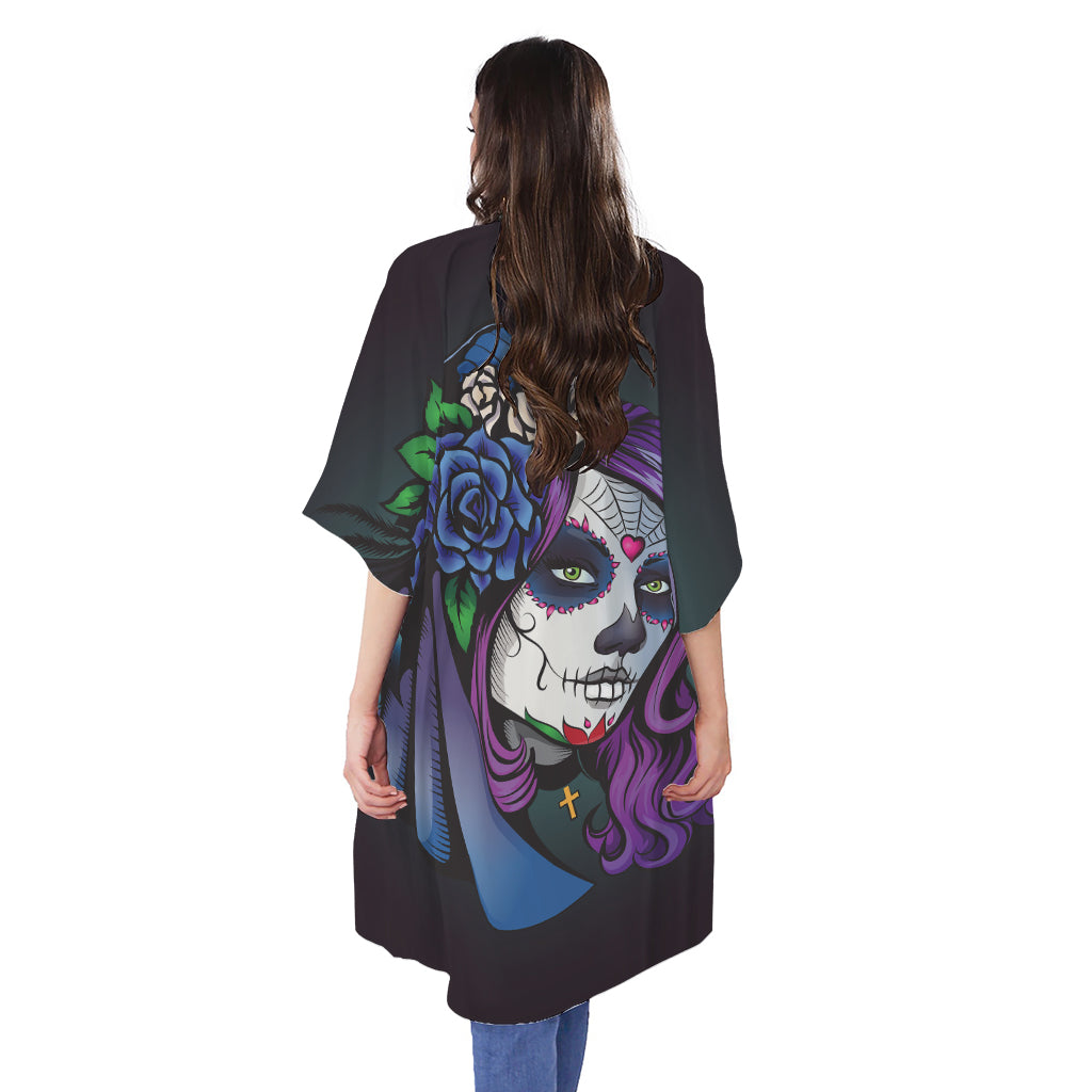 Calavera Girl Dia De Los Muertos Print Open Front Beach Cover Up ...