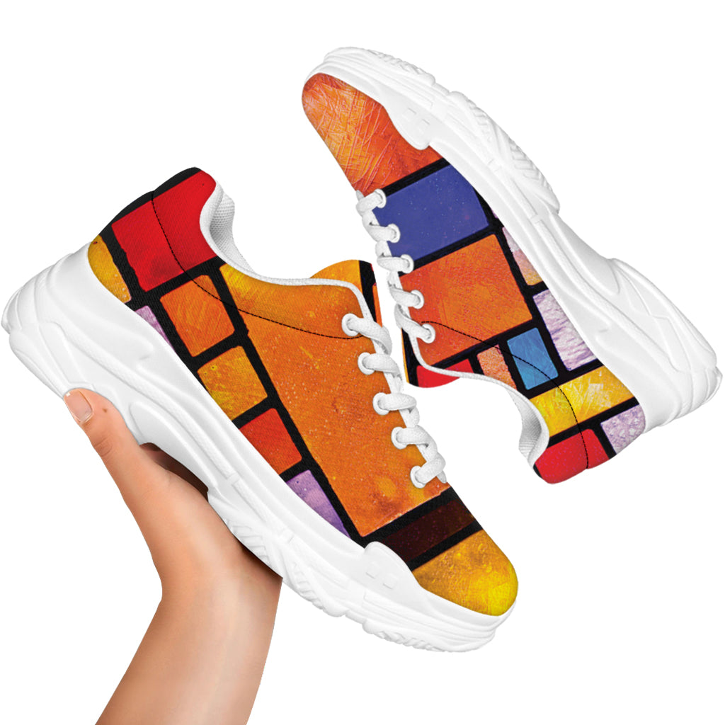Colorful Stained Glass Mosaic Print White Chunky Shoes – GearFrost