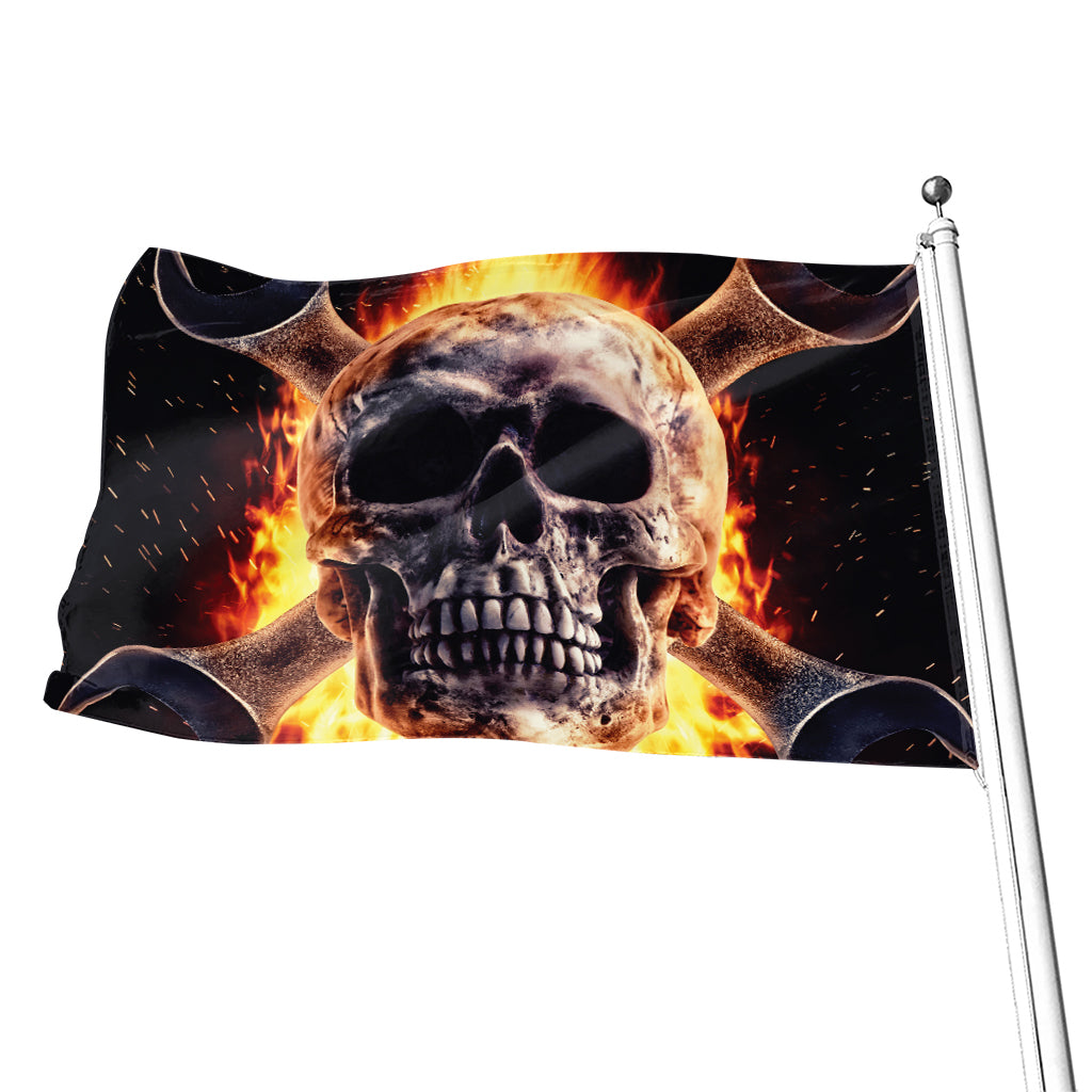 Flaming Skull And Cross Wrench Print Flag – GearFrost