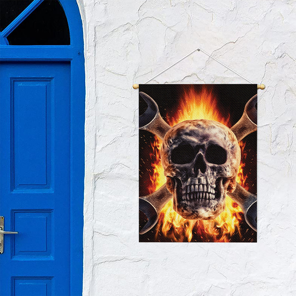 Flaming Skull And Cross Wrench Print Garden Flag – GearFrost