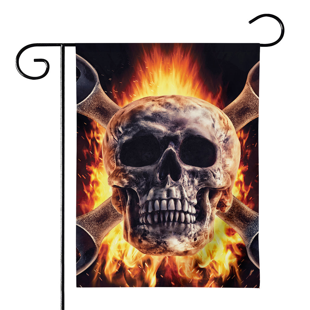 Flaming Skull And Cross Wrench Print House Flag – GearFrost