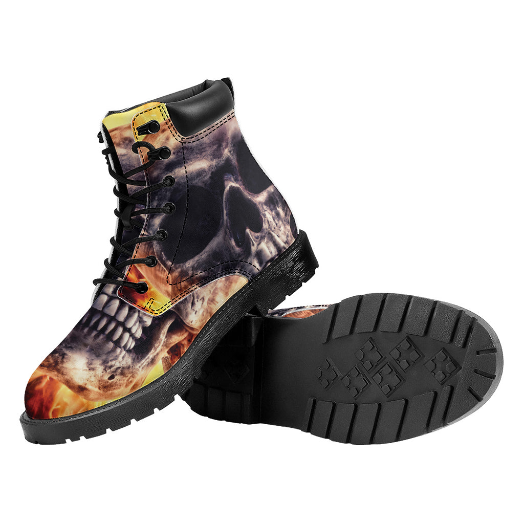 Flaming Skull And Cross Wrench Print Padded Collar Lace Up Boots ...
