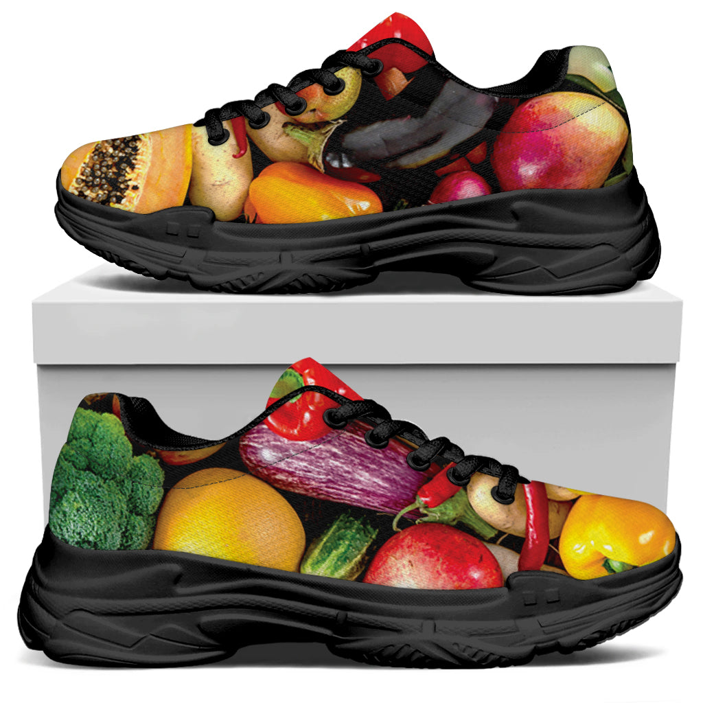 Fresh Fruits And Vegetables Print Black Chunky Shoes – GearFrost