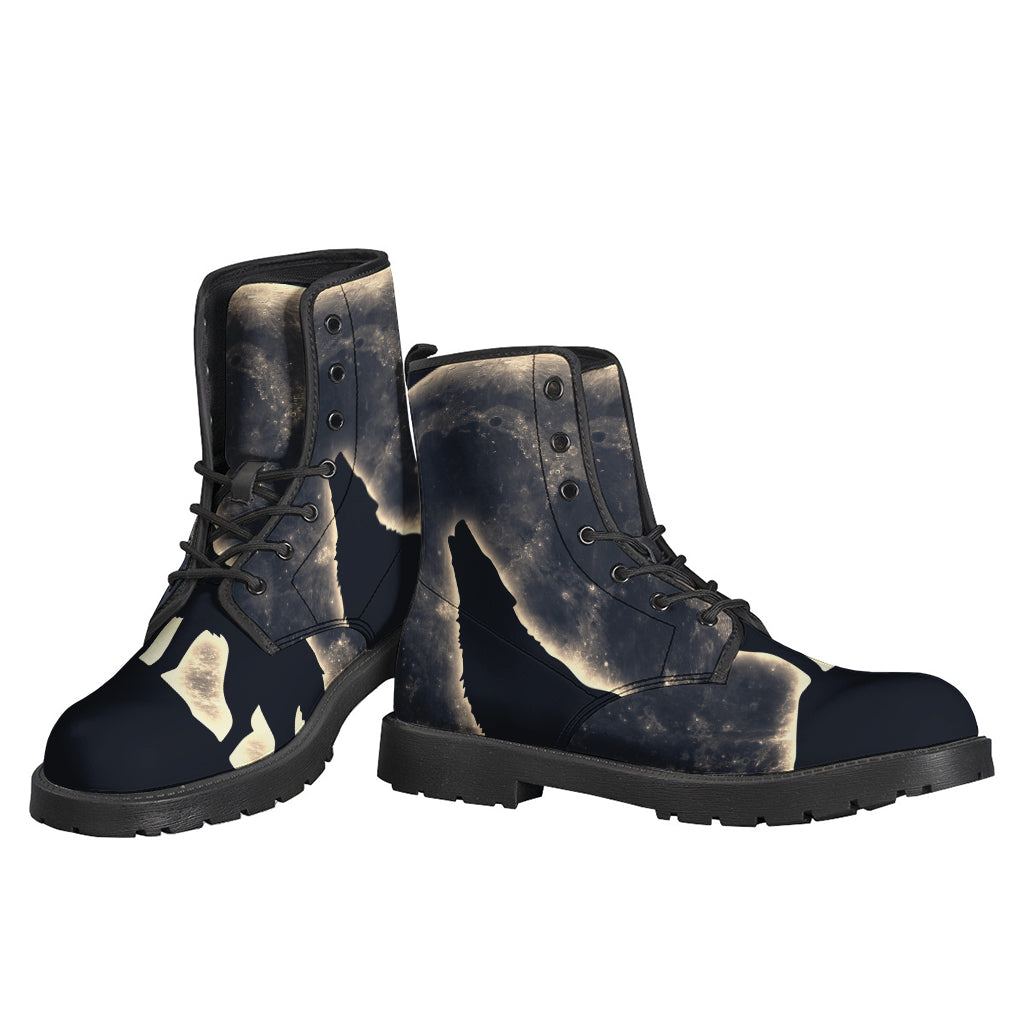 Full Moon Howling Wolf Print Leather Boots – GearFrost