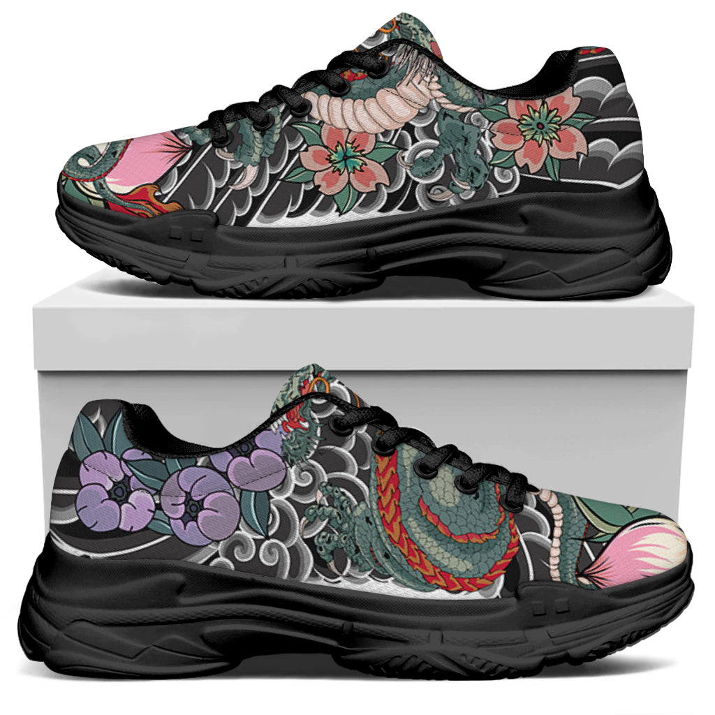 Green Japanese Dragon Tattoo Print Black Chunky Shoes – GearFrost