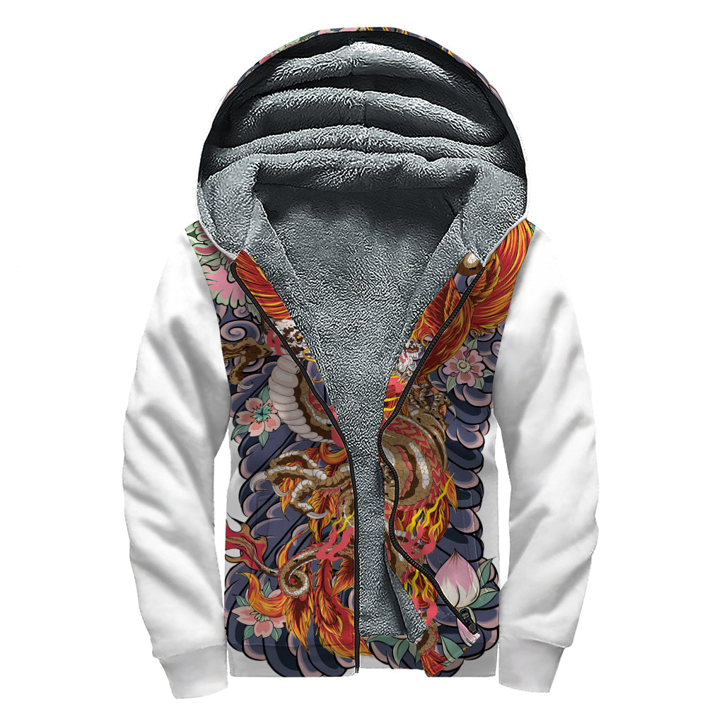 Japanese Dragon And Phoenix Tattoo Print Sherpa Lined Zip Up Hoodie ...