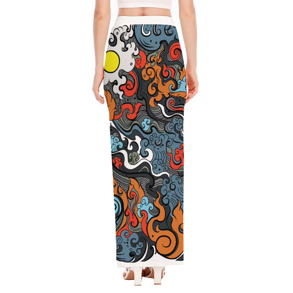 Japanese Elemental Tattoo Print High Slit Maxi Skirt – GearFrost
