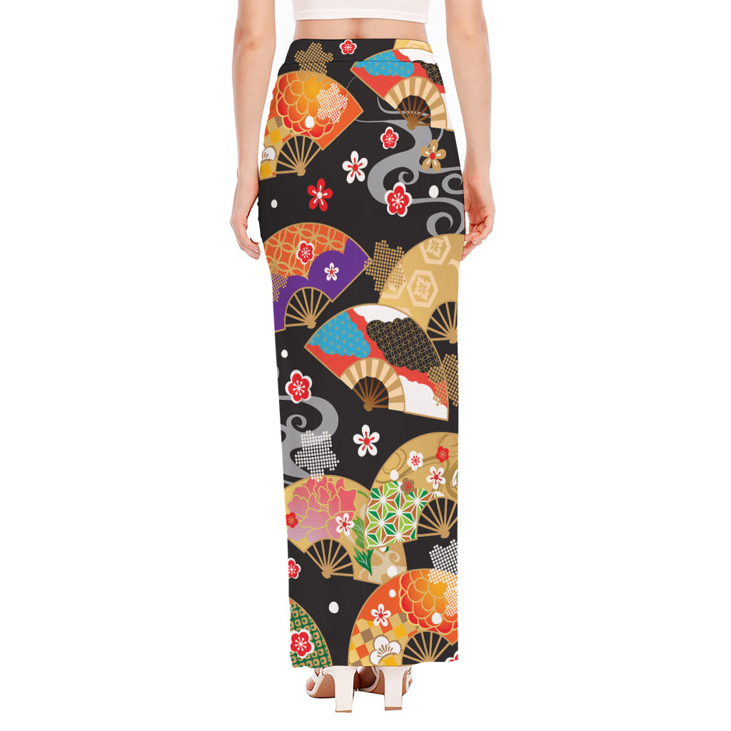 Japanese Hand Fan Pattern Print High Slit Maxi Skirt – GearFrost