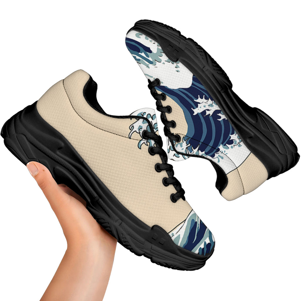 Japanese Ocean Wave Print Black Chunky Shoes – GearFrost