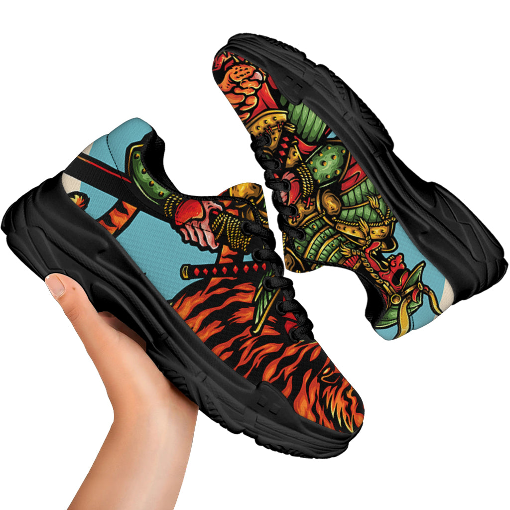 Japanese Samurai And Tiger Print Black Chunky Shoes – GearFrost