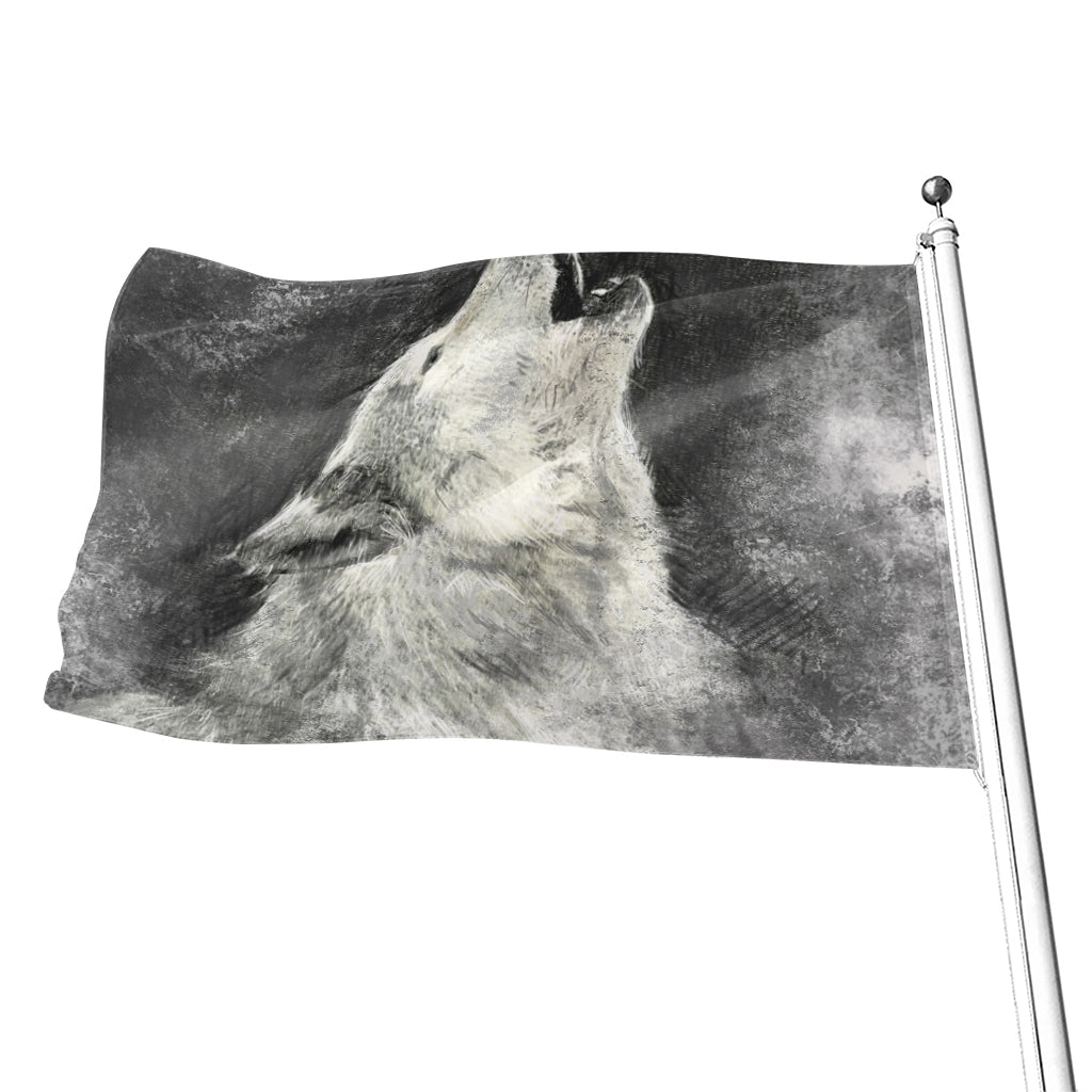 Monochrome Howling Wolf Print Flag – GearFrost