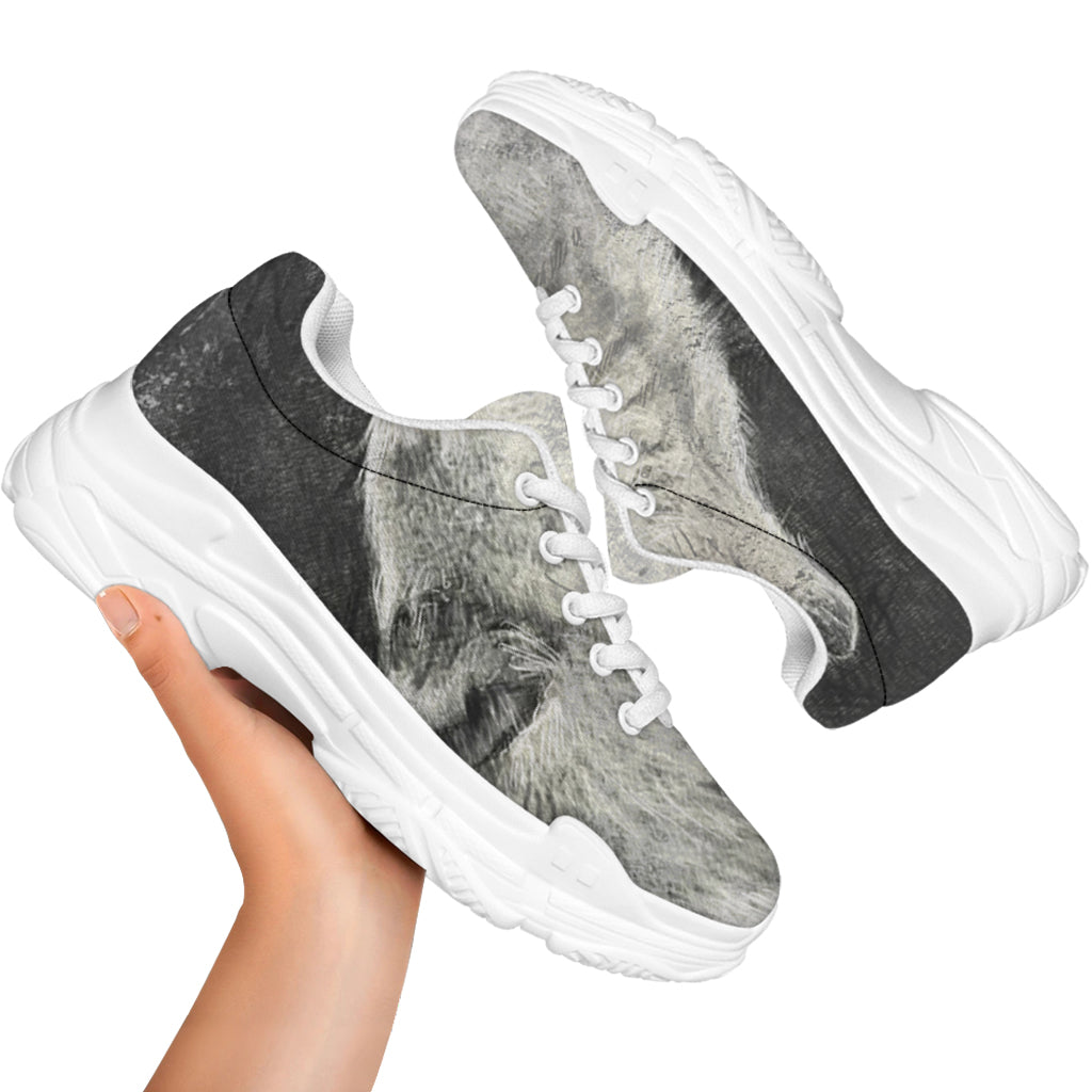 Monochrome Howling Wolf Print White Chunky Shoes – GearFrost