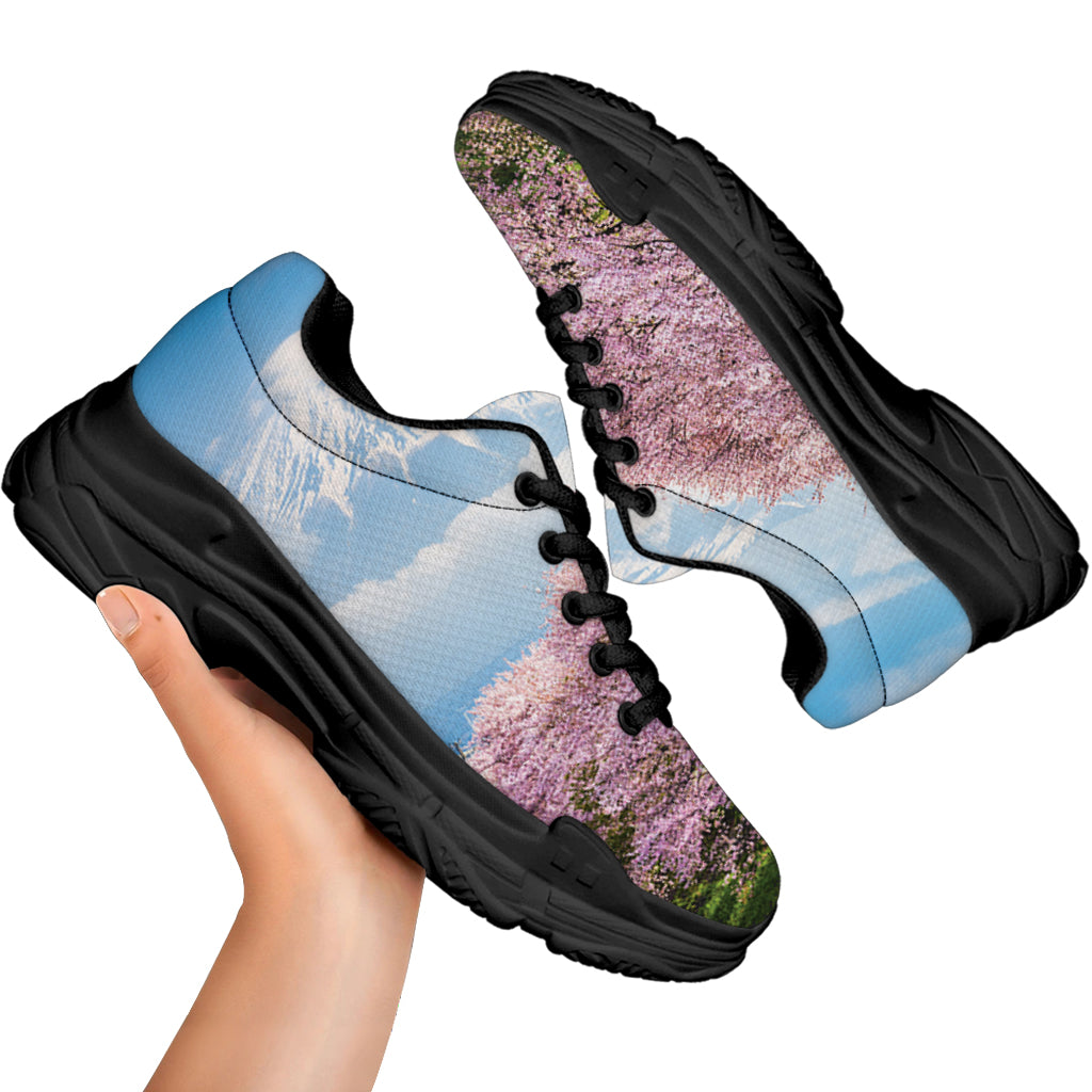 Mount Fuji And Cherry Blossom Print Black Chunky Shoes – GearFrost
