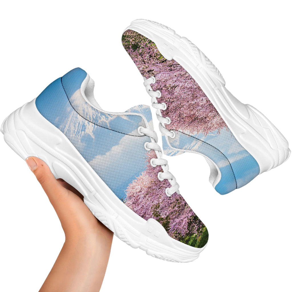Mount Fuji And Cherry Blossom Print White Chunky Shoes – GearFrost