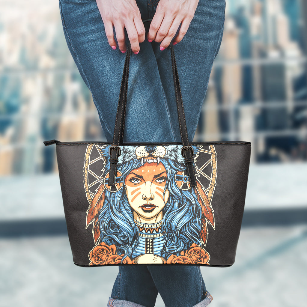 Native American Wolf Girl Print Leather Tote Bag With Zipper – GearFrost