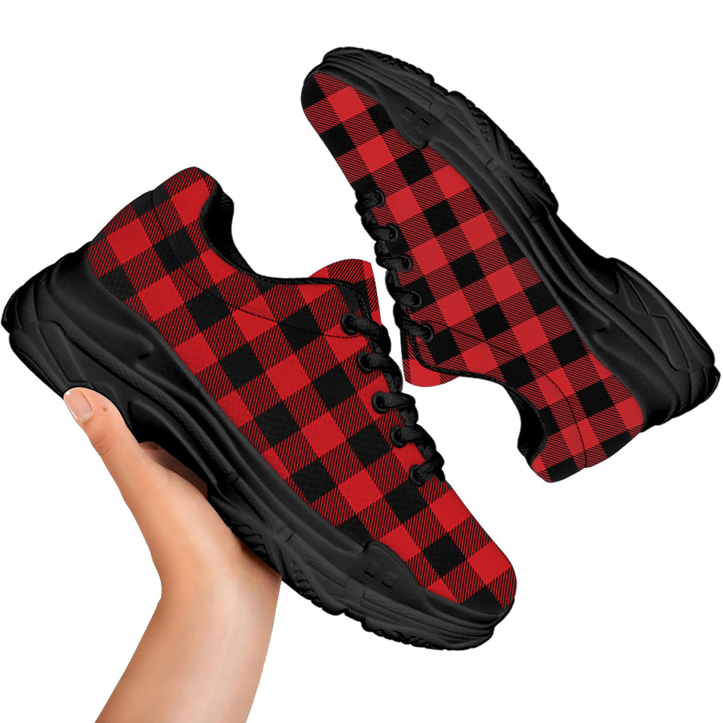 Red And Black Buffalo Check Print Black Chunky Shoes – GearFrost
