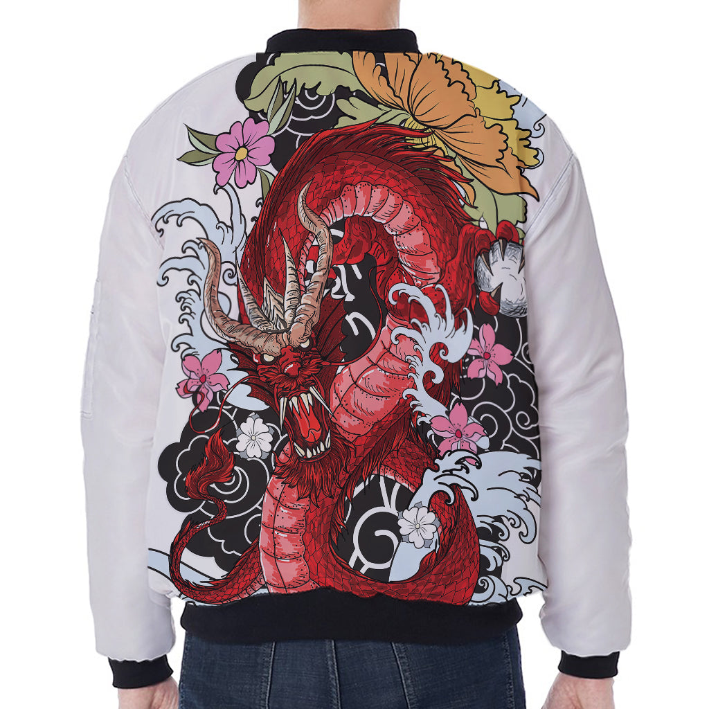 Red Japanese Dragon Tattoo Print Zip Sleeve Bomber Jacket – GearFrost