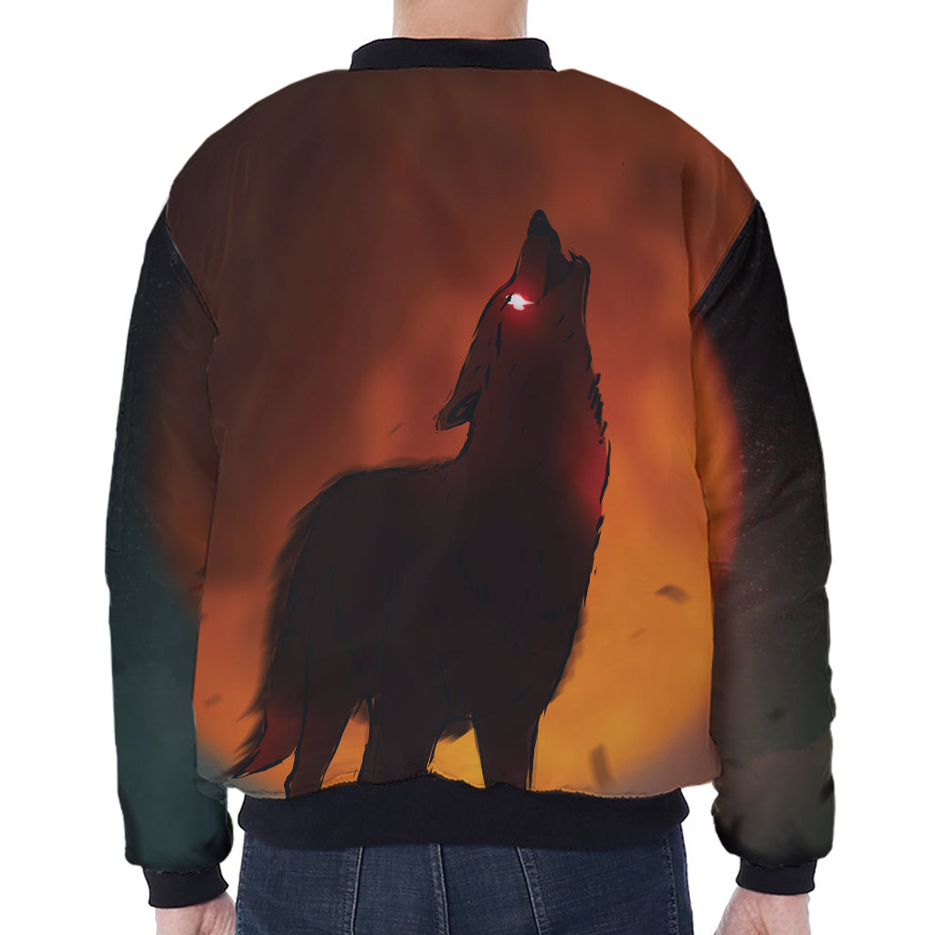 Red Moon Howling Wolf Print Zip Sleeve Bomber Jacket – GearFrost