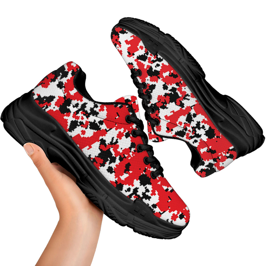 Red White And Black Digital Camo Print Black Chunky Shoes – GearFrost