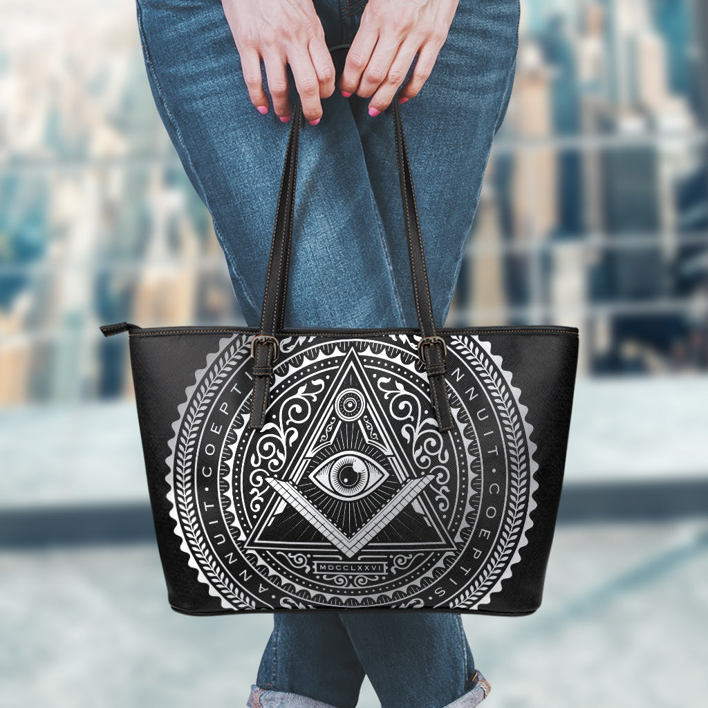 Silver And Black All Seeing Eye Print Leather Tote Bag With Zipper ...