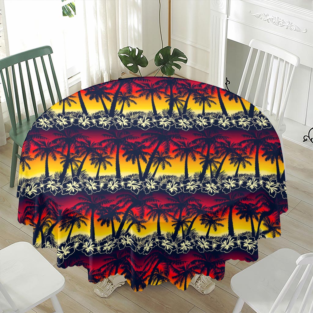 Sunset Hibiscus Palm Tree Pattern Print Waterproof Round Tablecloth ...