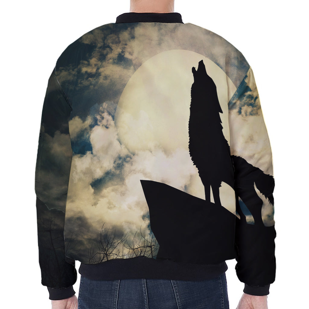 Wolf Howling At The Full Moon Print Zip Sleeve Bomber Jacket – GearFrost