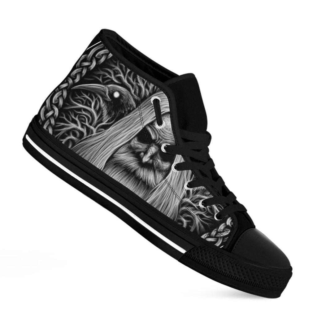 Black And White Odin With Crows Print Black High Top Sneakers – GearFrost