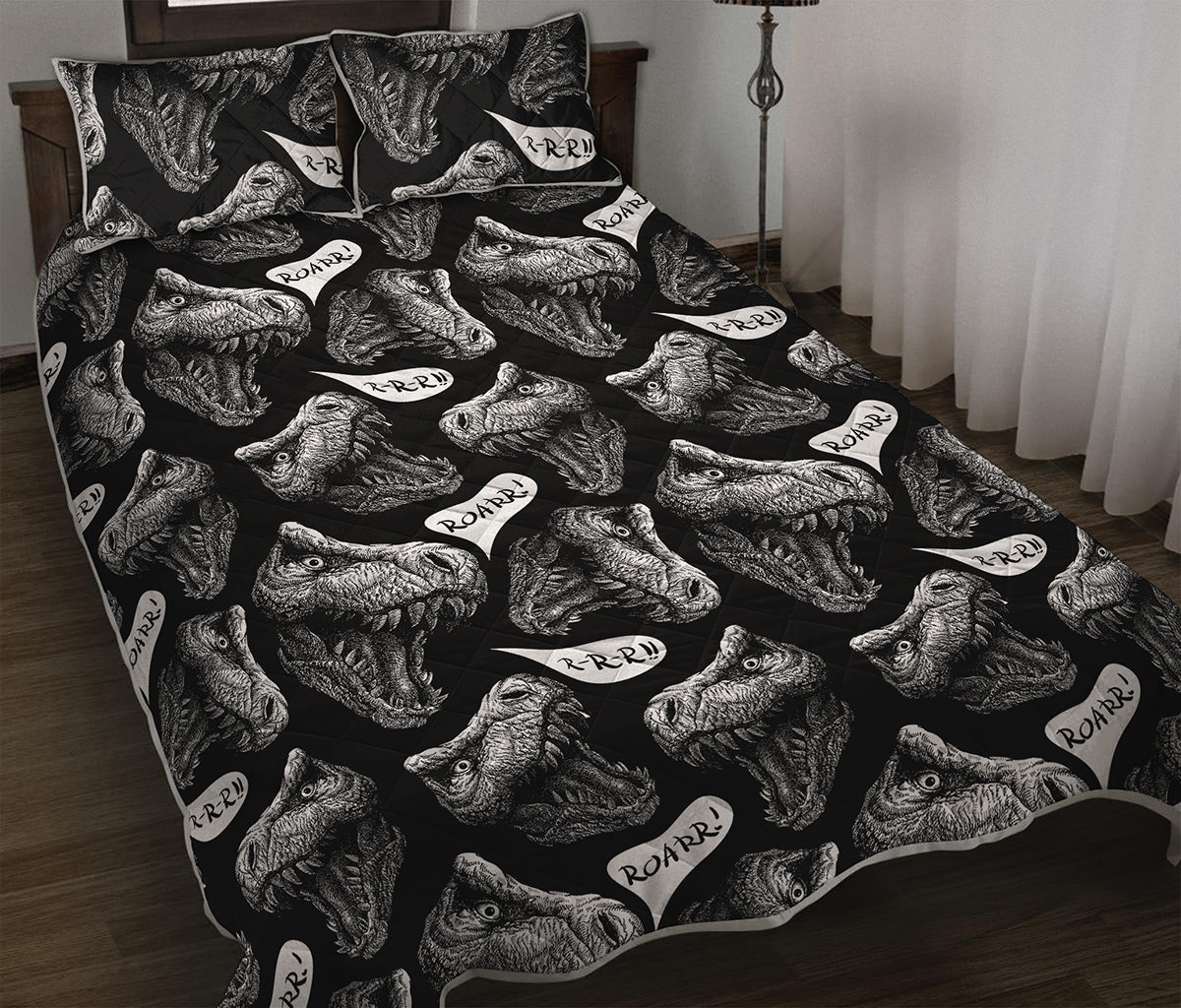 Black And White T-Rex Dinosaur Print Quilt Bed Set – GearFrost
