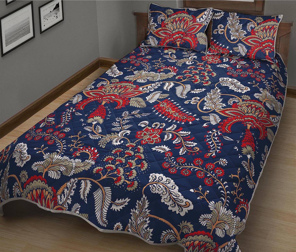 Blue Vintage Bohemian Floral Print Quilt Bed Set – GearFrost