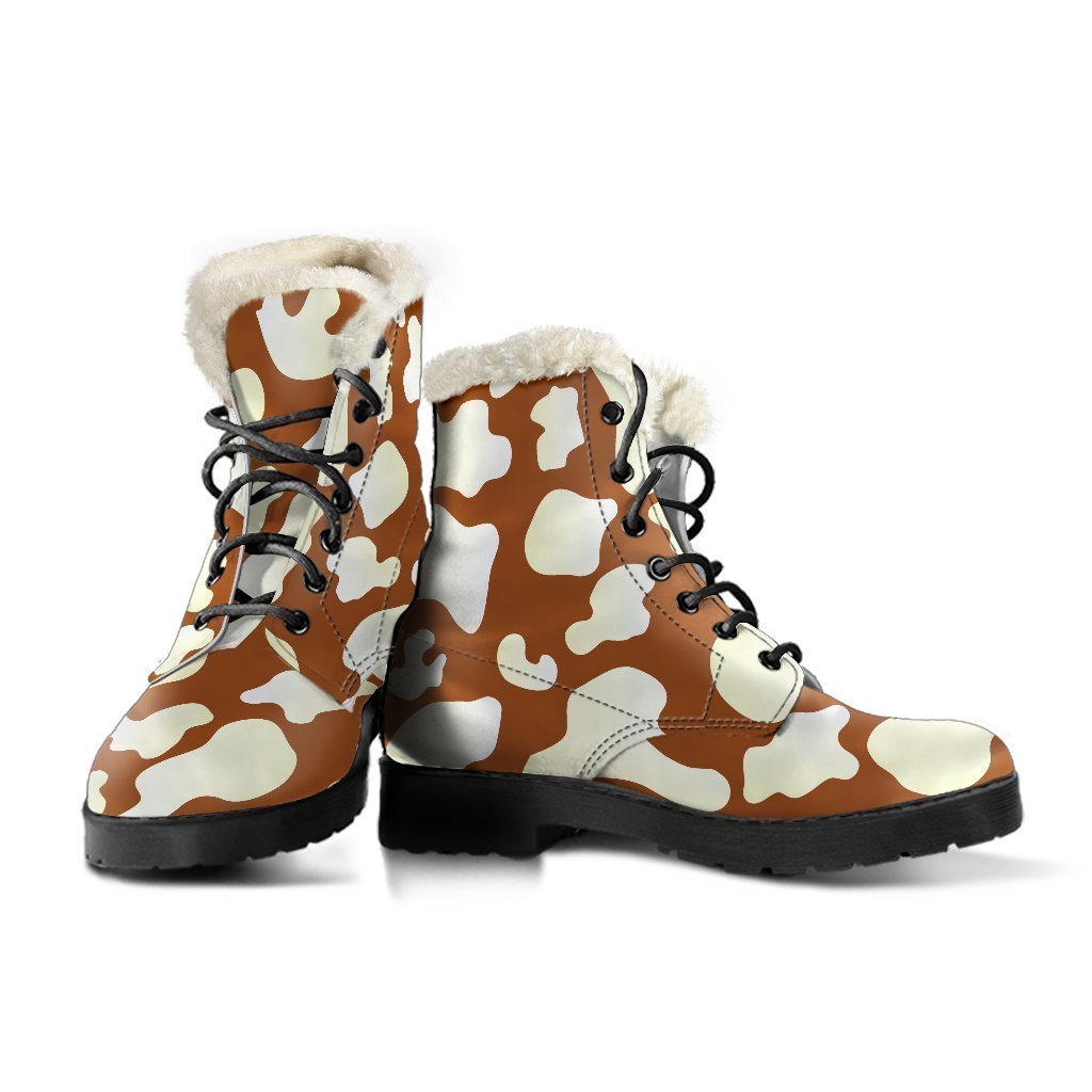 Chocolate And Milk Cow Print Faux Fur Leather Boots – GearFrost
