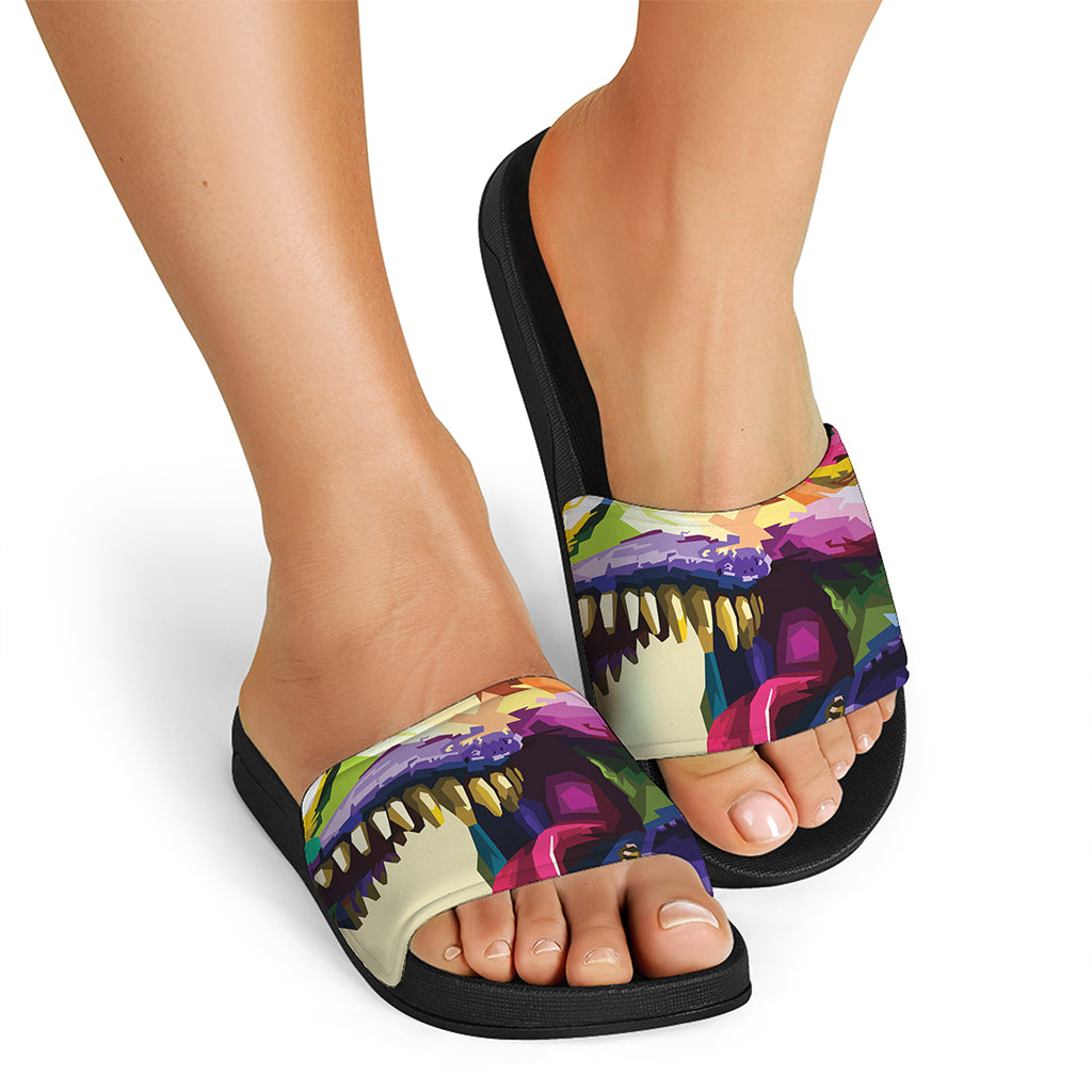 Colorful Tyrannosaurus Rex Print Black Slide Sandals – GearFrost