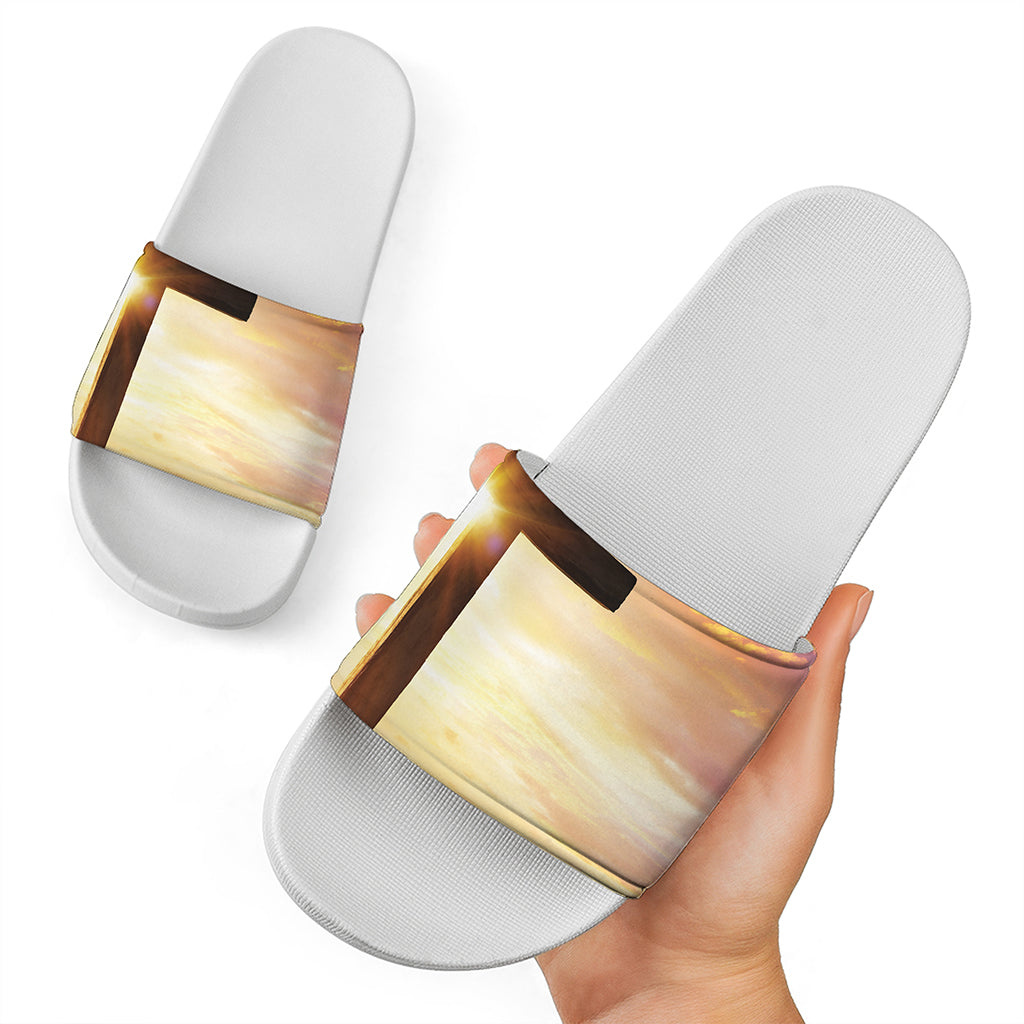 Crucifixion Of Jesus Christ Print White Slide Sandals – GearFrost