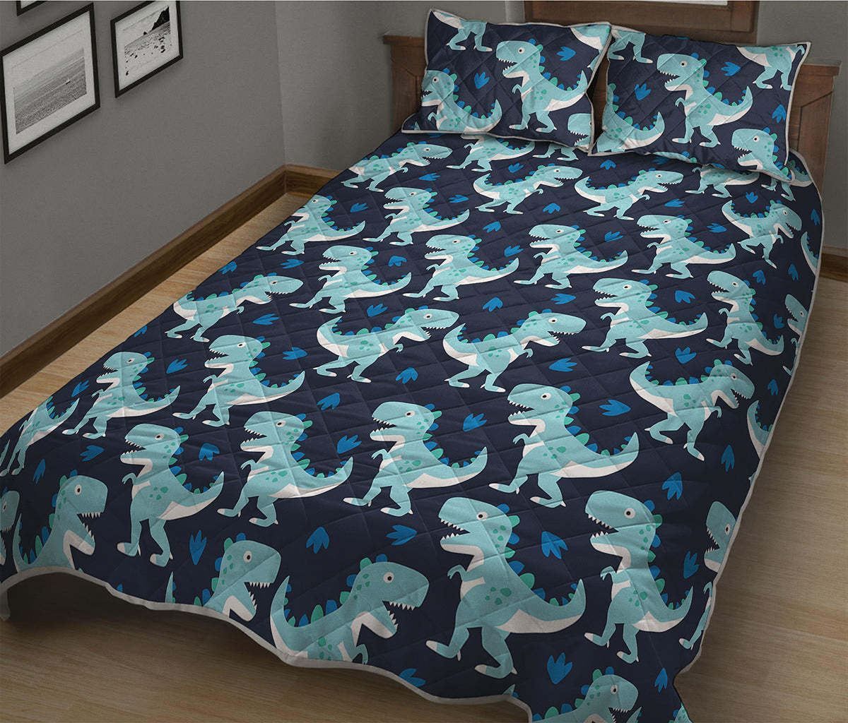 Cute Blue T-Rex Dinosaur Pattern Print Quilt Bed Set – GearFrost