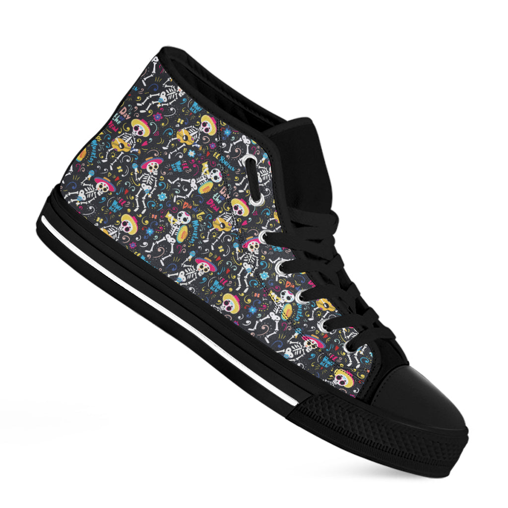 Day Of The Dead Mariachi Skeletons Print Black High Top Sneakers ...