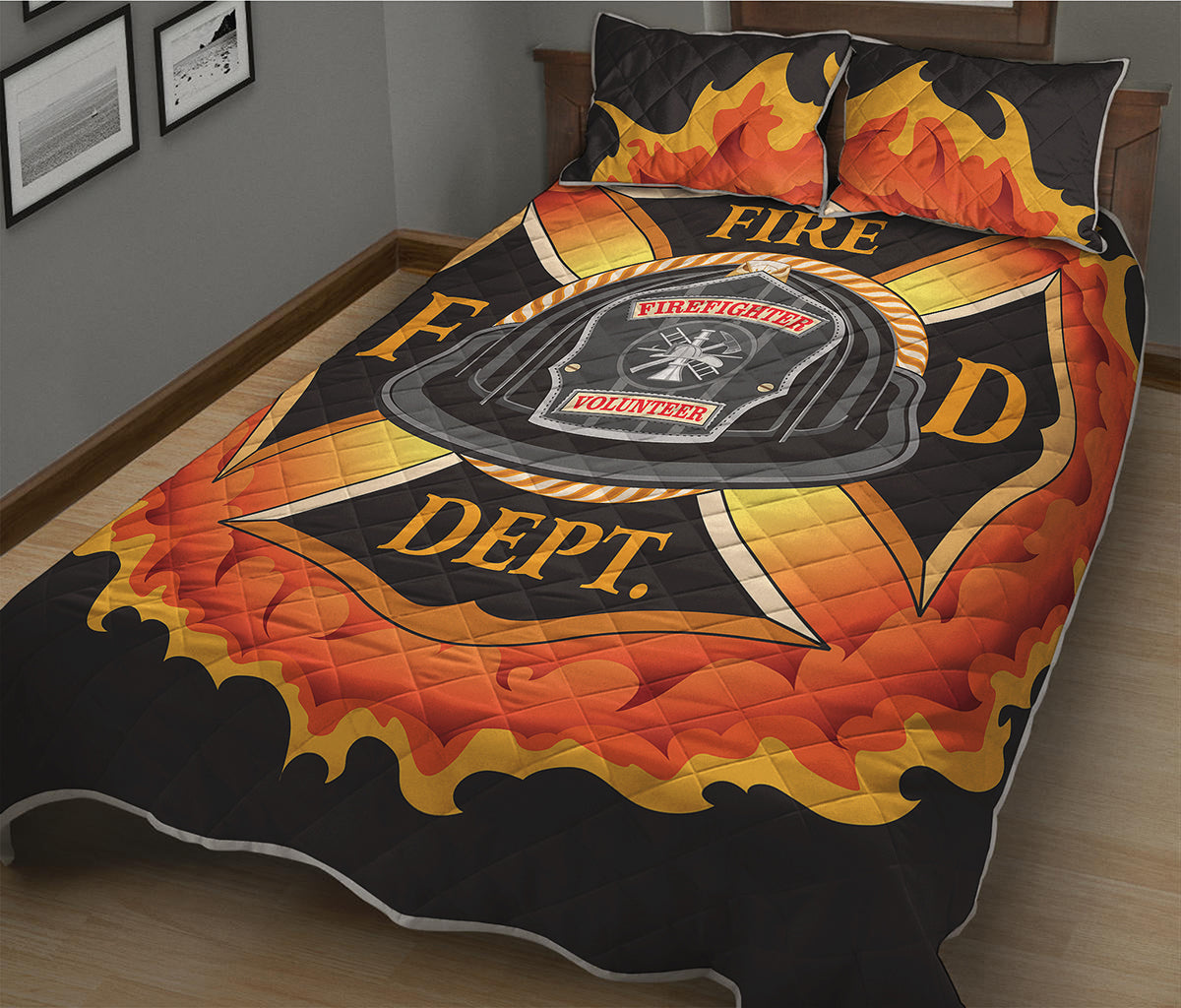 Flaming Firefighter Emblem Print Quilt Bed Set – GearFrost