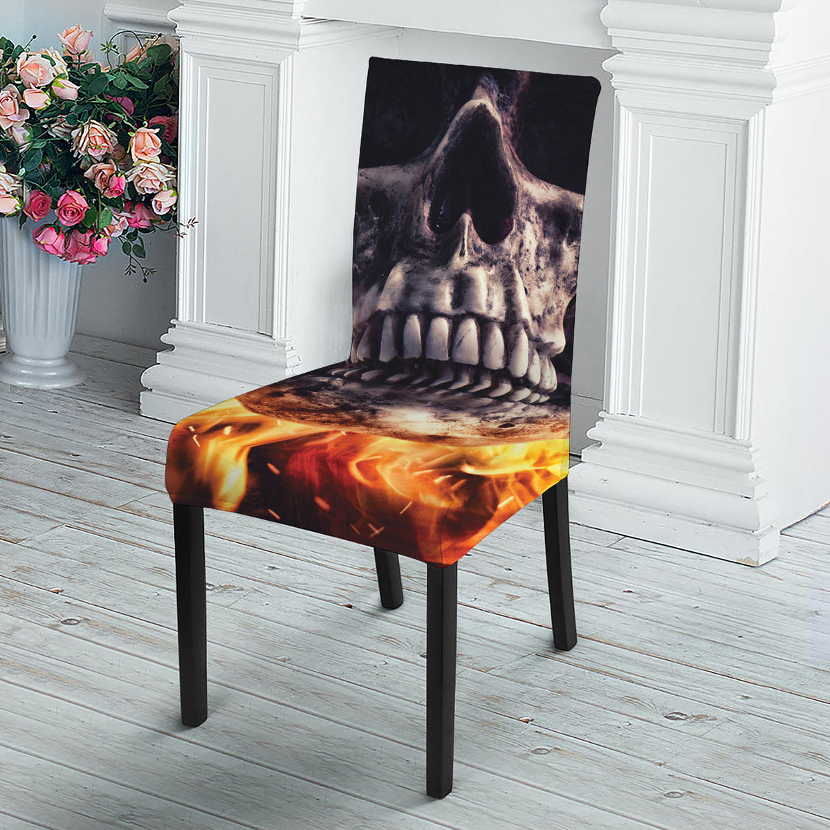 Flaming Skull And Cross Wrench Print Dining Chair Slipcover – GearFrost